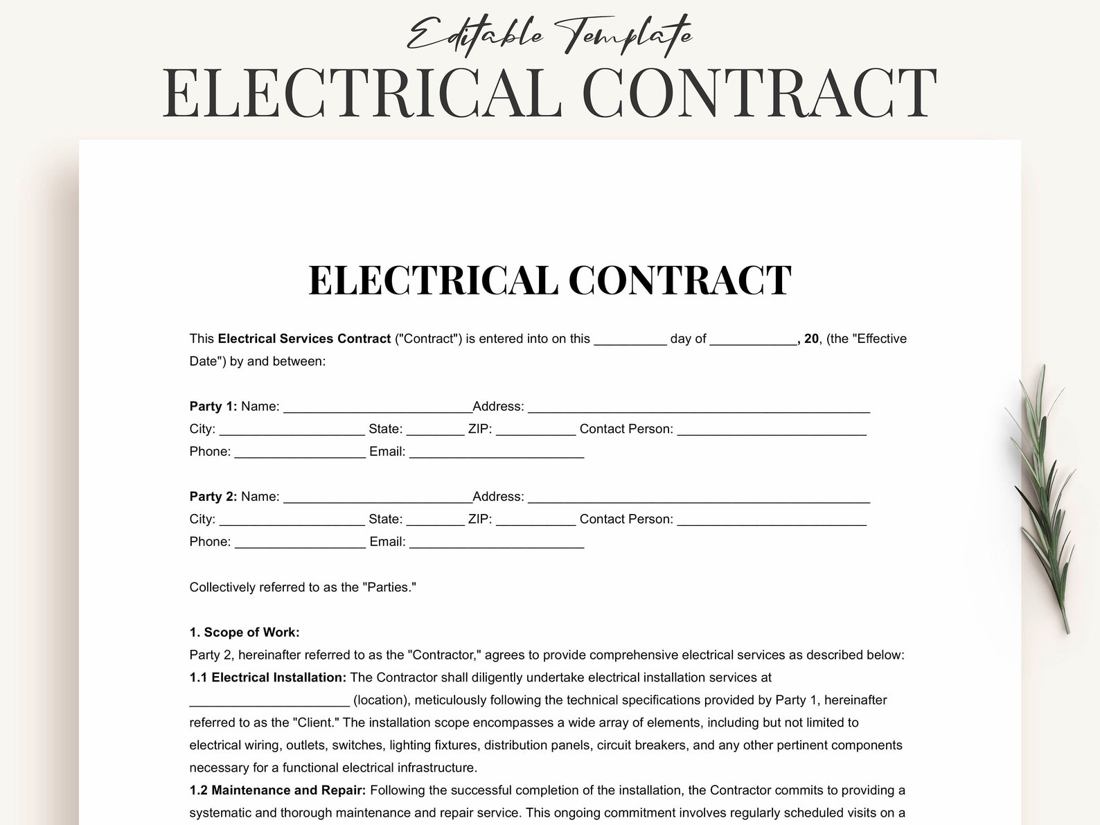Electrical Contract Template Word - Professional Electrical Services ...