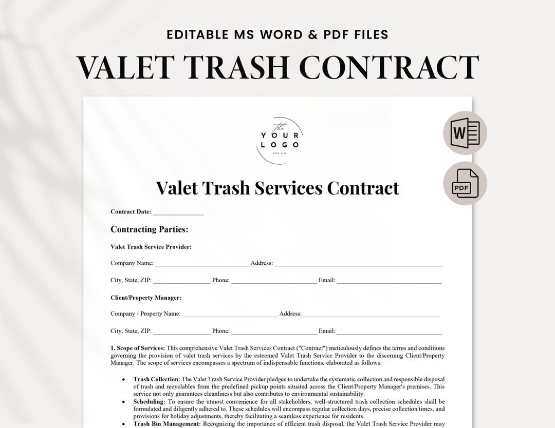 Valet Trash Services Contract Template | Editable & Printable Waste ...