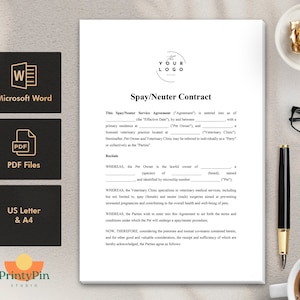 Spay Neuter Contract Template - Instant Download, Pet Surgery Agreement ...