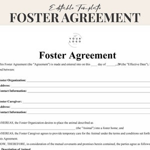 Foster Agreement Template, Editable Pet Foster Care Contract ...