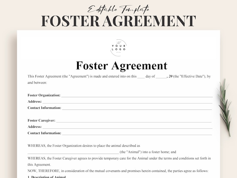 Foster Agreement Template, Editable Pet Foster Care Contract ...