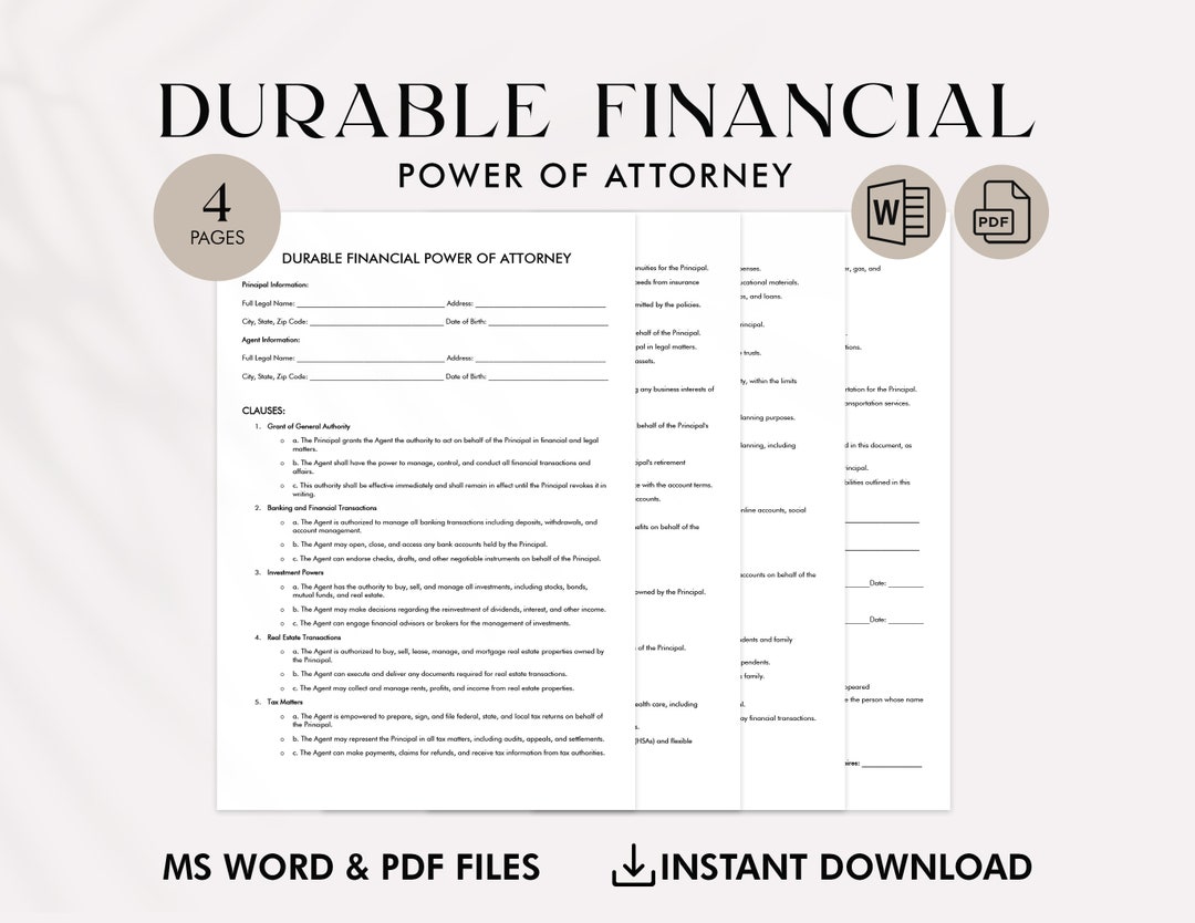 Durable Financial Power of Attorney Template | POA Form | Editable ...