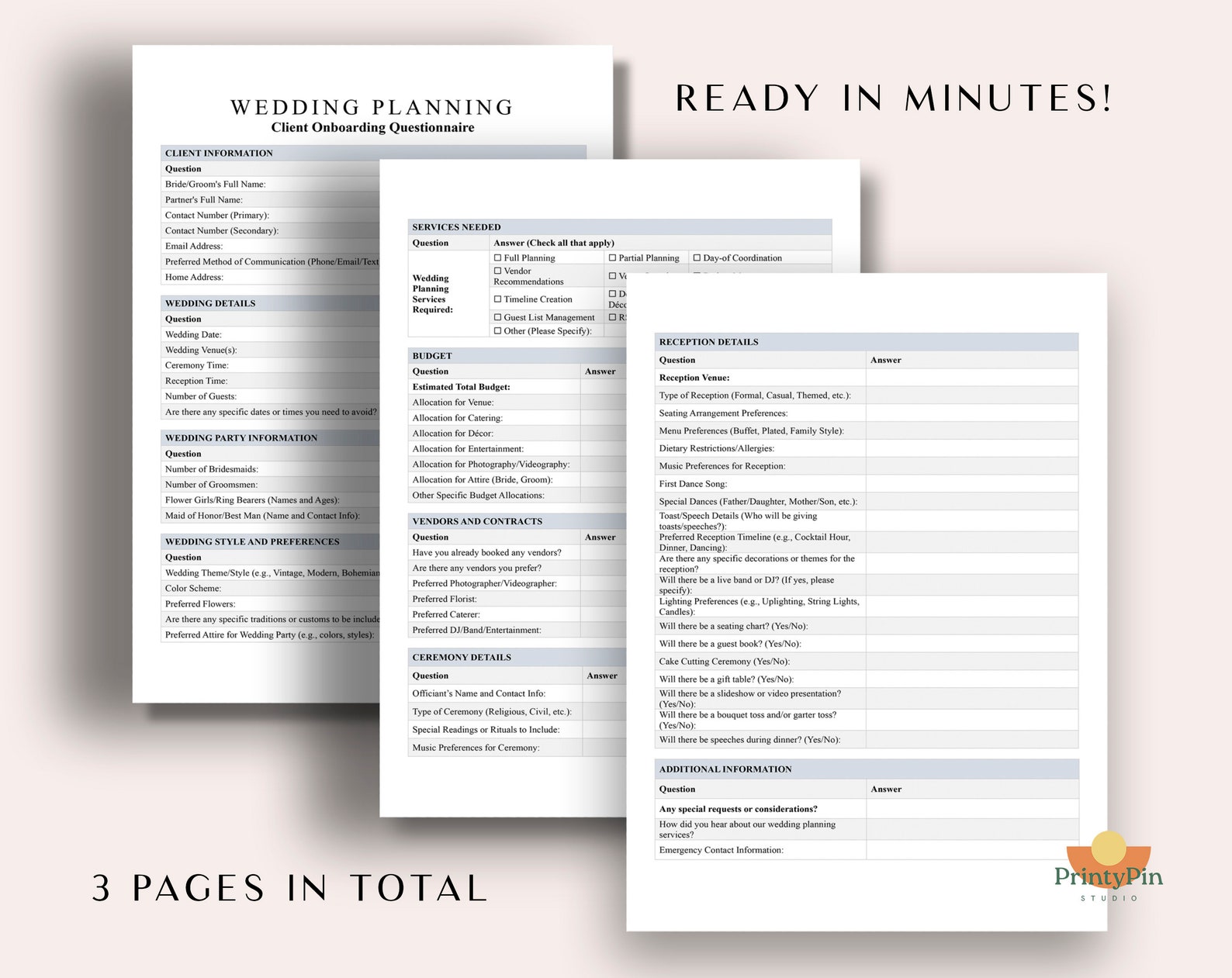 Wedding Planning Client Onboarding Questionnaire Template | Printable ...