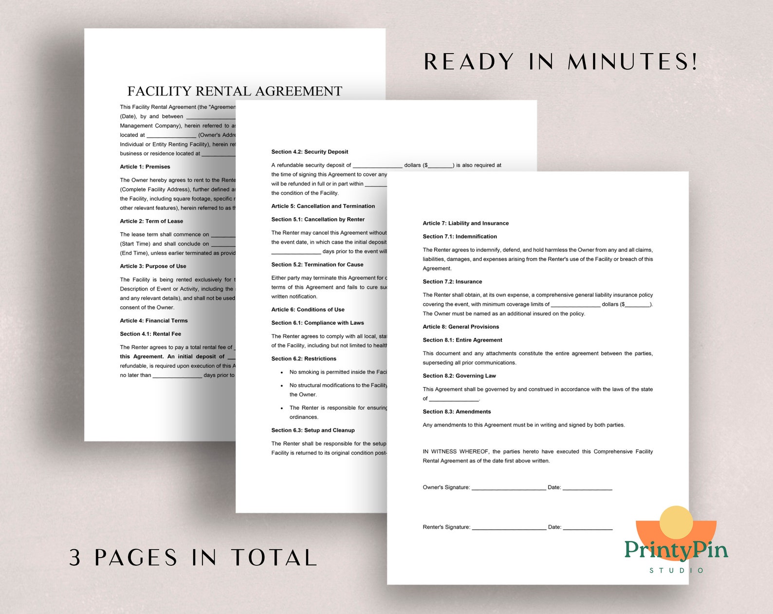 Facility Rental Agreement Template Word - Customizable Venue Lease Contract, Instant Download ...