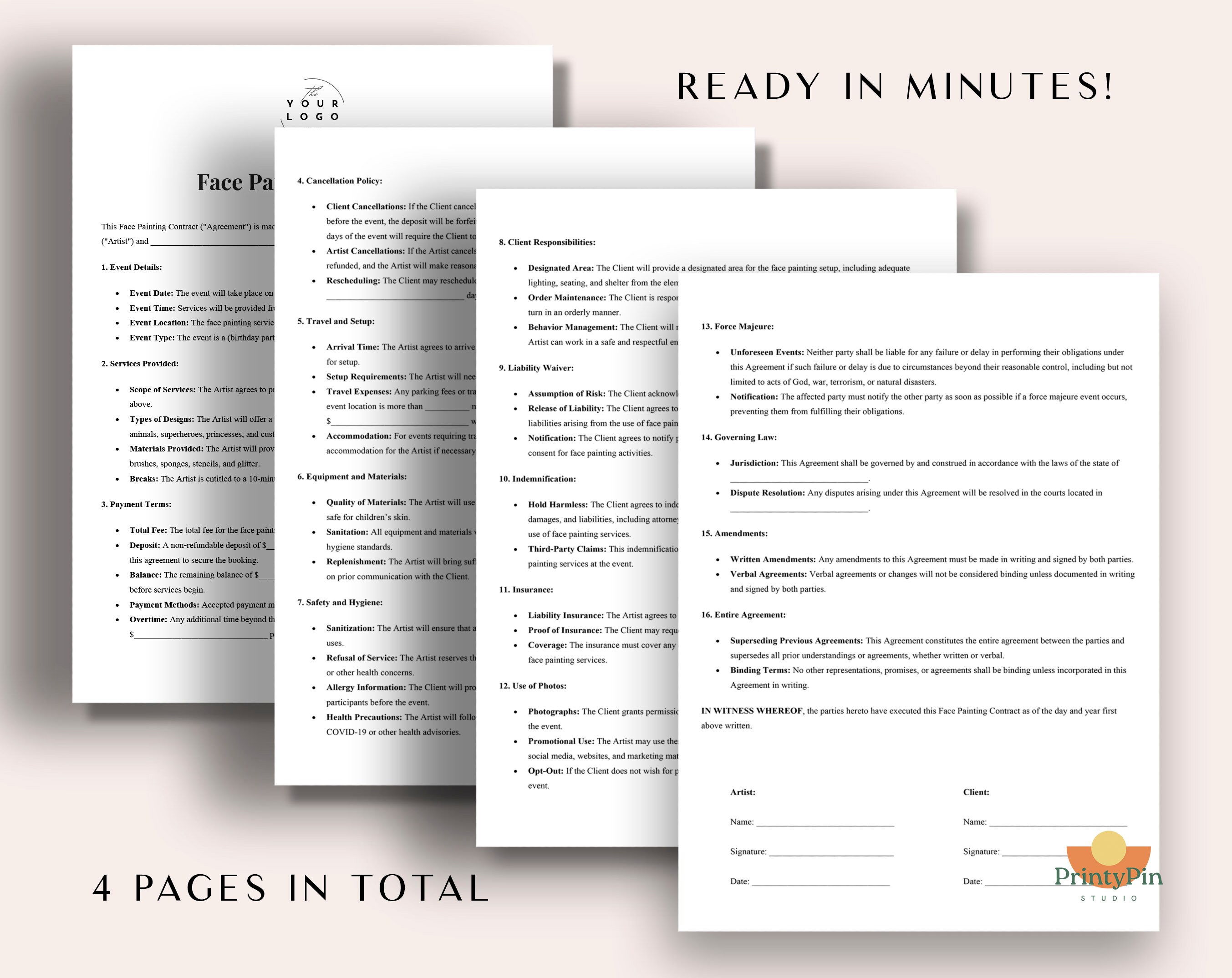 Face Painting Contract Agreement ,face Painters Client Event Kit, Face ...