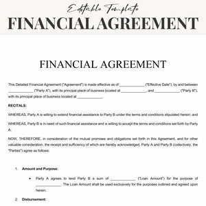 Financial Agreement Template Word / PDF - Customizable Loan ...