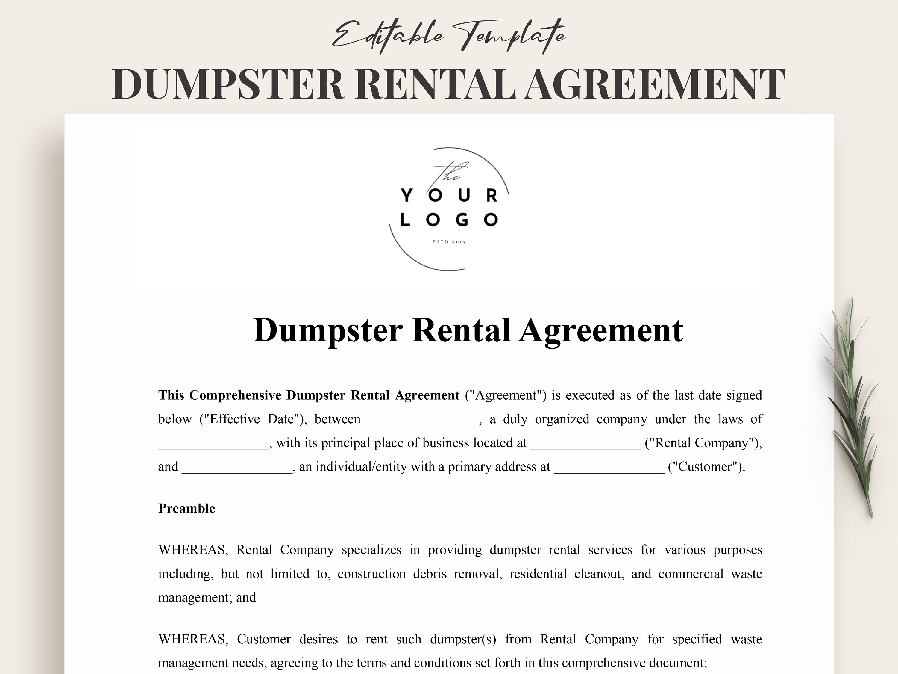 Dumpster Rental Agreement Template | Instant Download Editable Contract ...