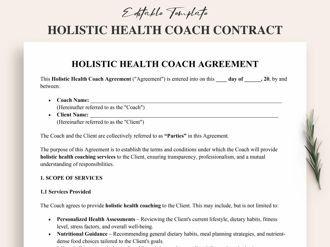 Holistic Health Coach Agreement Template | Coaching Contract | Client ...