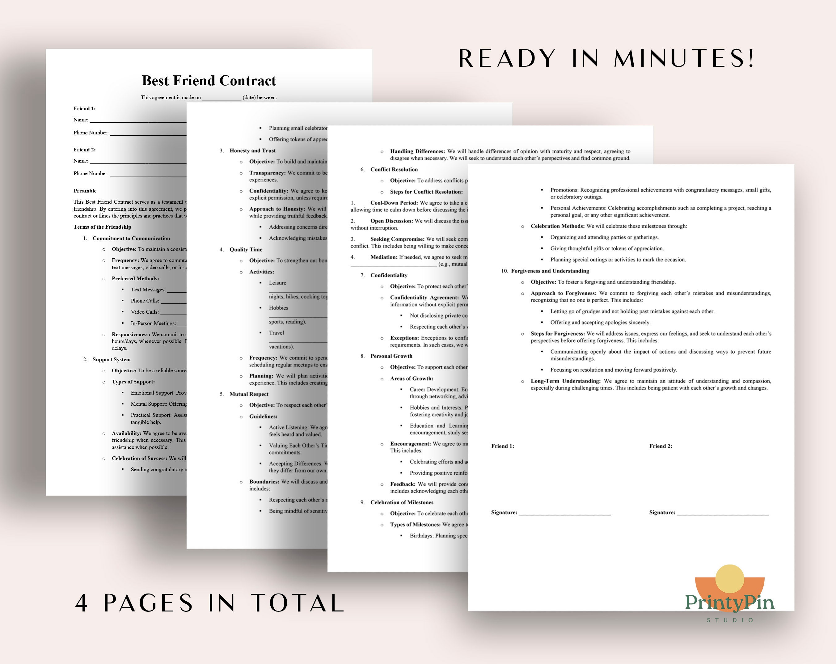 Best Friend Contract Template - Editable Friendship Agreement ...