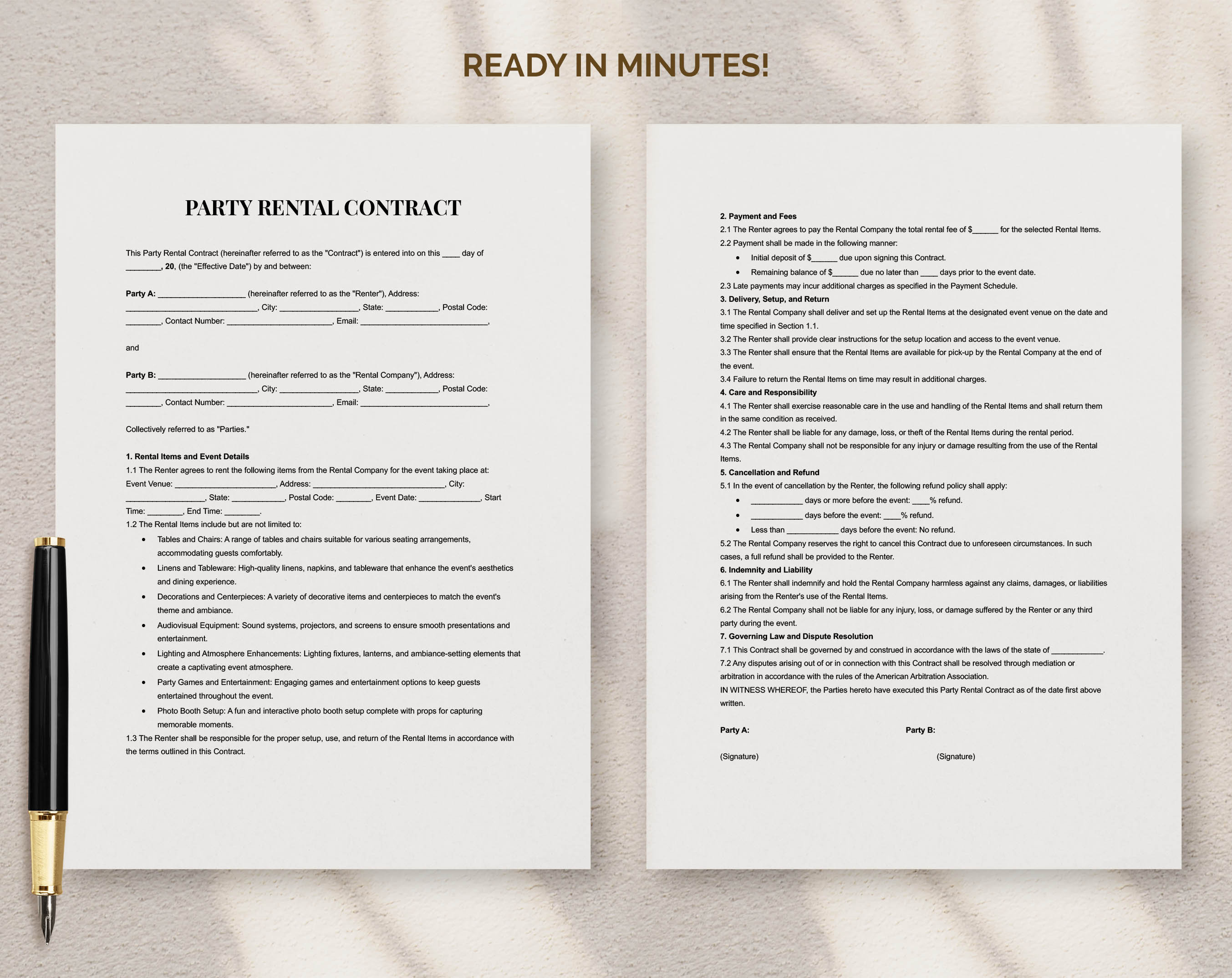 Printable Party Rental Contract Template Word & PDF - Premium Party ...