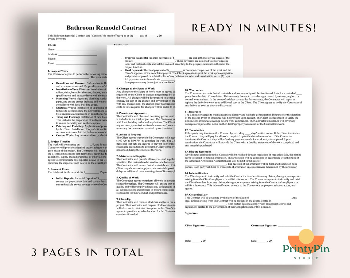 Bathroom Remodel Contract Template | Editable Contract for Bathroom ...