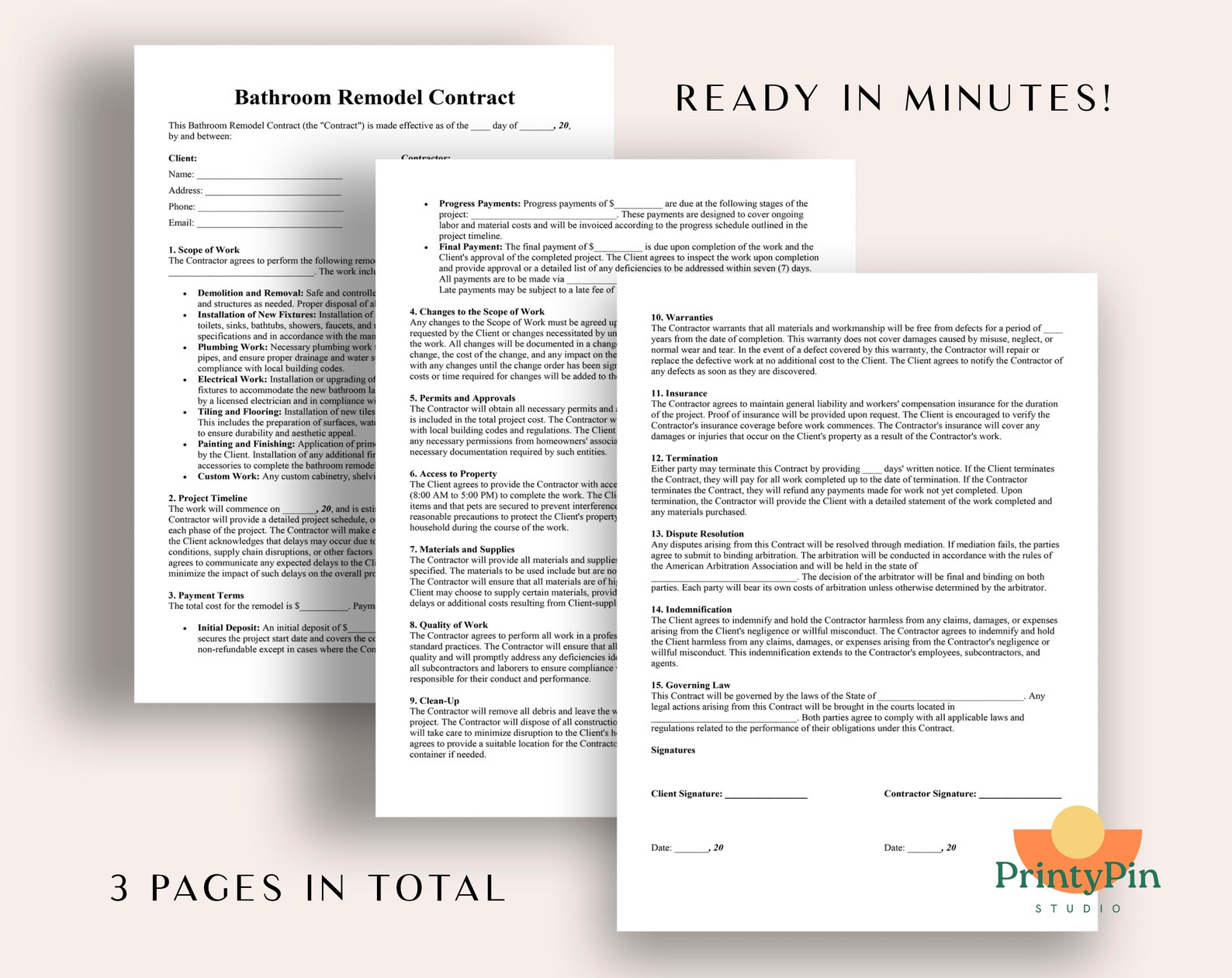 Bathroom Remodel Contract Template | Editable Contract for Bathroom ...