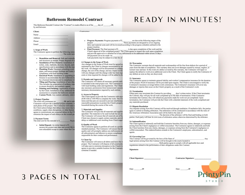 Bathroom Remodel Contract Template | Editable Contract for Bathroom ...