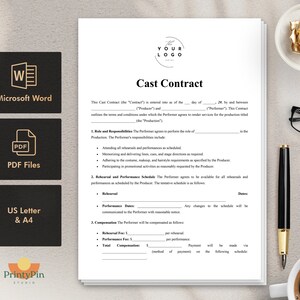 Cast Contract Template PDF | Film & Theater Productions | Editable and ...