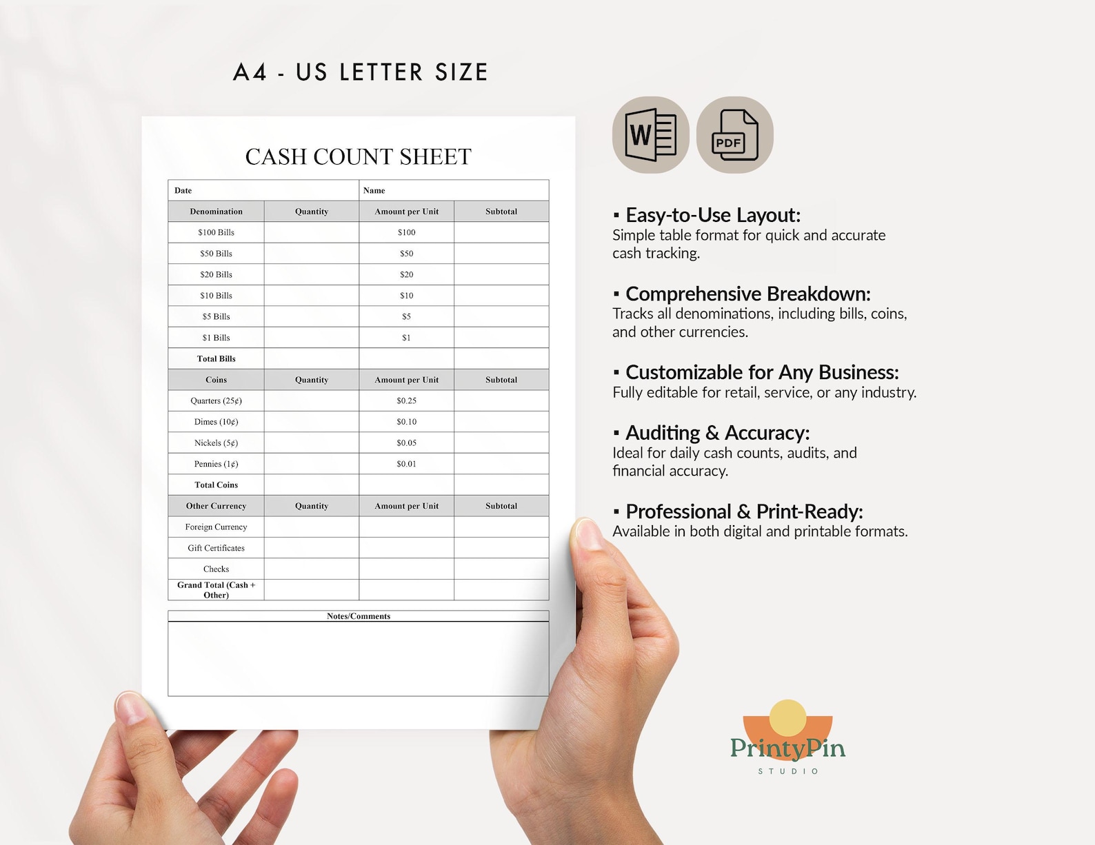 Cash Count Sheet Template | Daily Cash Tracking Log | Printable Cash ...