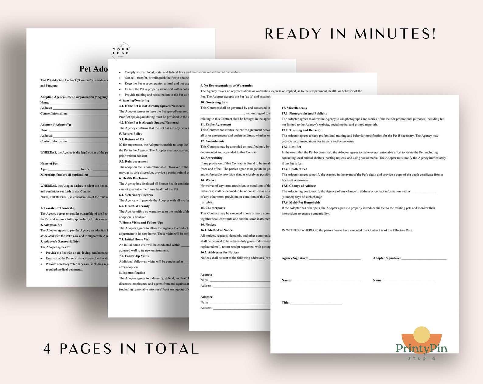 Pet Adoption Contract Template - Printable Pet Agreement Form for ...