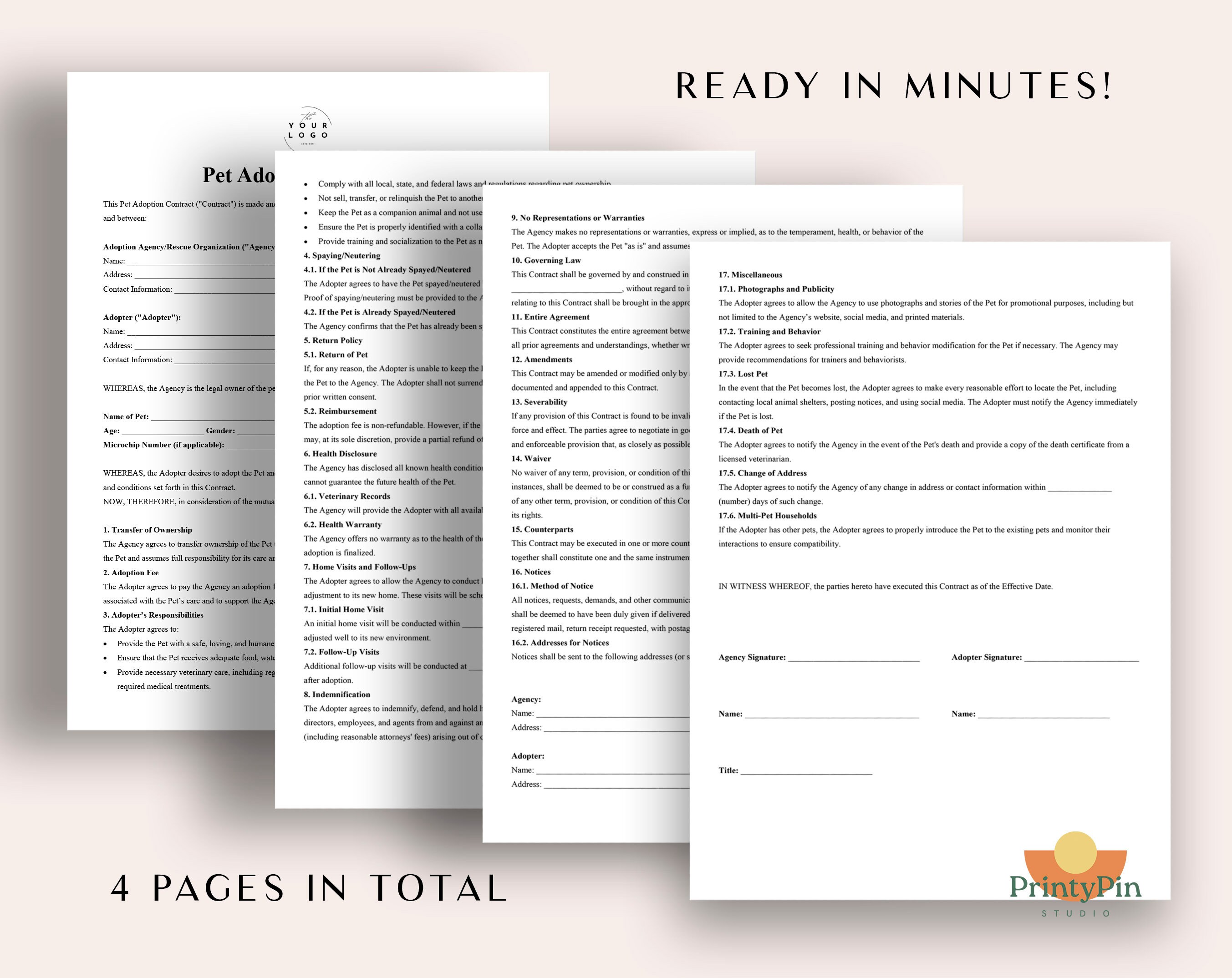 Pet Adoption Contract Template - Printable Pet Agreement Form for ...
