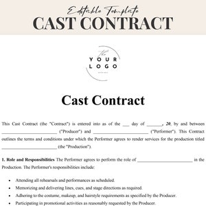 Cast Contract Template PDF | Film & Theater Productions | Editable and ...