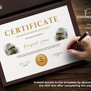 Editable American Football Certificate Template, Sports Certificate ...