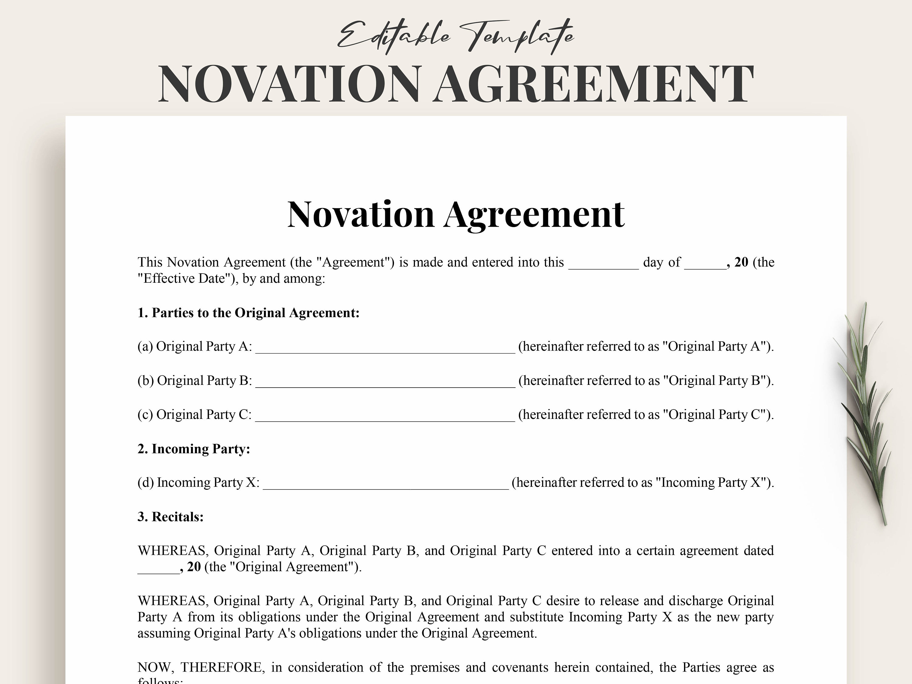Novation Agreement Template - Printable Contract Template for ...