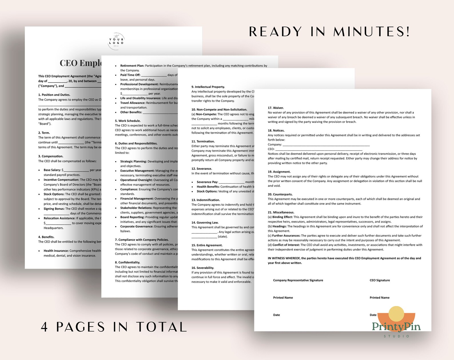 CEO Employment Agreement | Executive Contract Template | Editable CEO ...