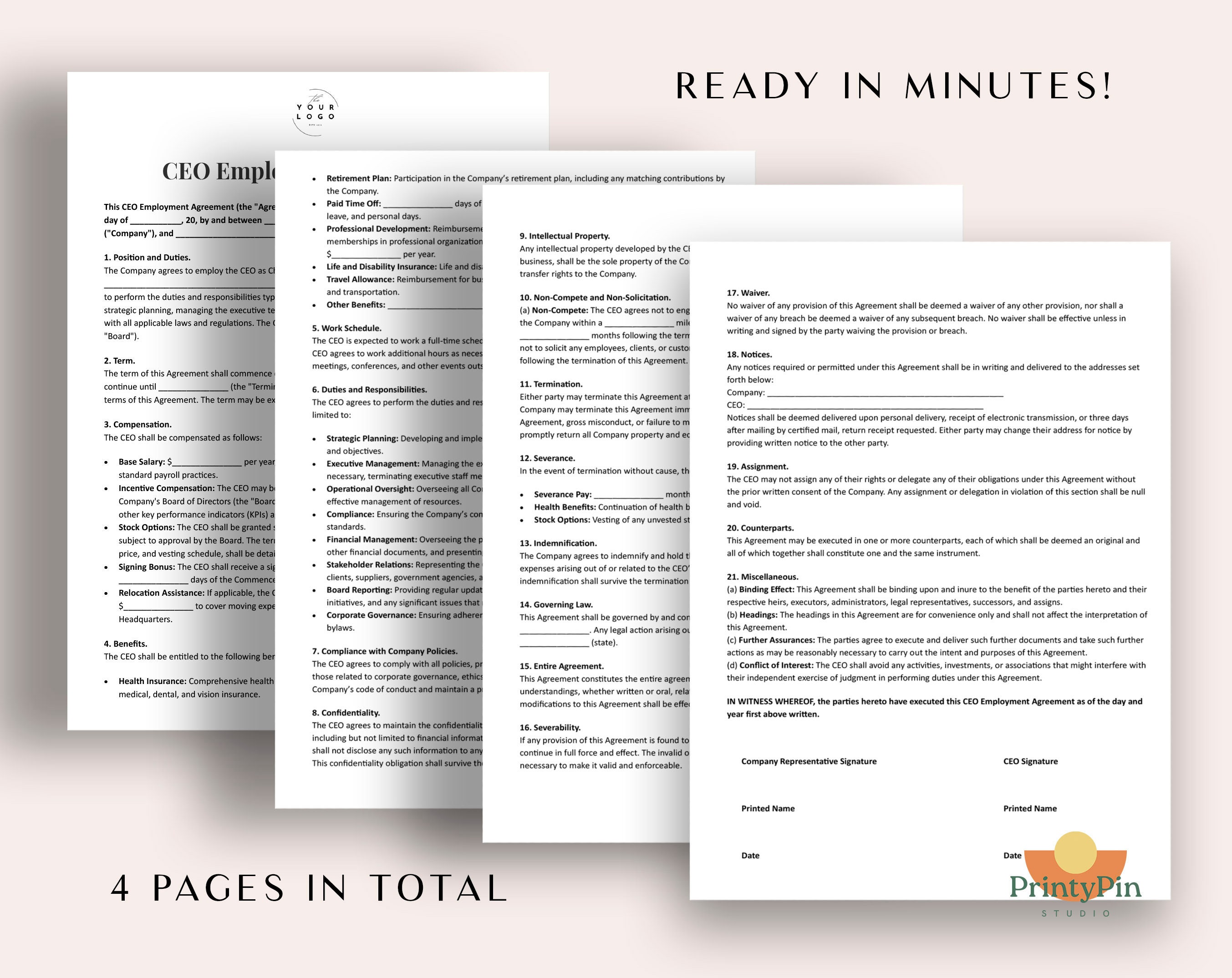 CEO Employment Agreement | Executive Contract Template | Editable CEO ...