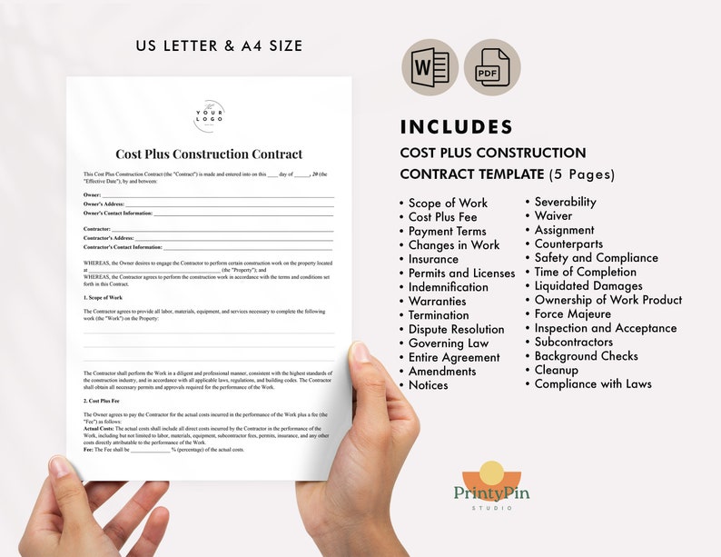 Cost Plus Construction Contract Template | Editable Construction Agreement | Contractor Contract ...