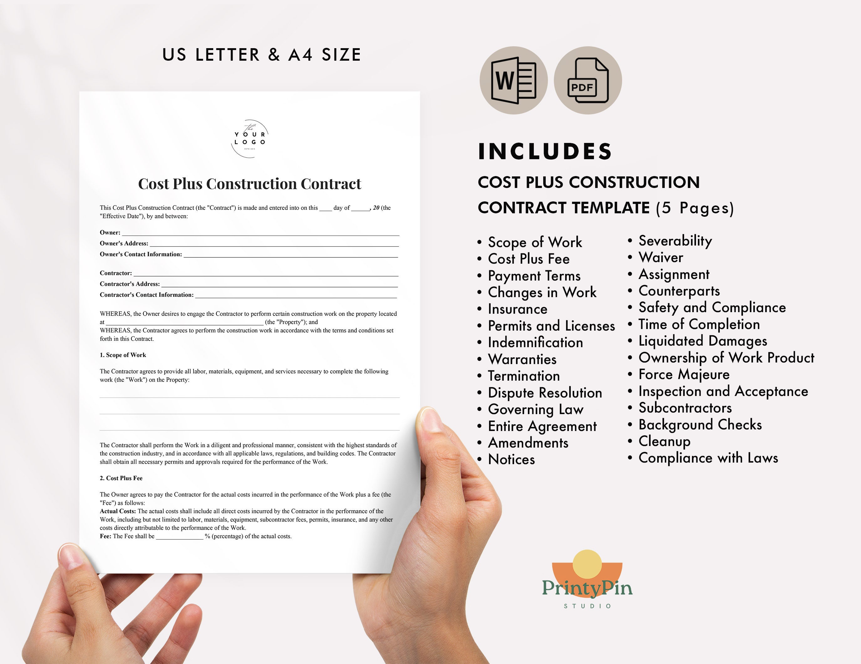Cost Plus Construction Contract Template | Editable Construction ...