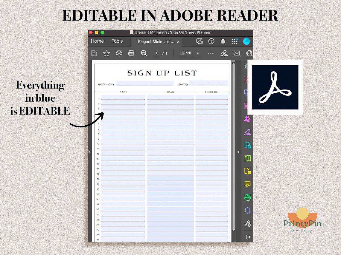 Editable Sign up Sheet - Editable PDF Sign up List - Printable Sign up ...