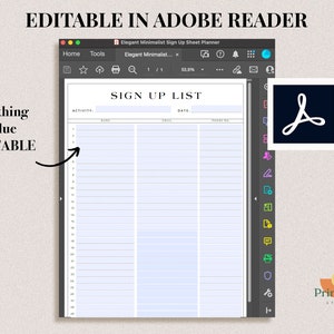 Editable Sign up Sheet - Editable PDF Sign up List - Printable Sign up ...