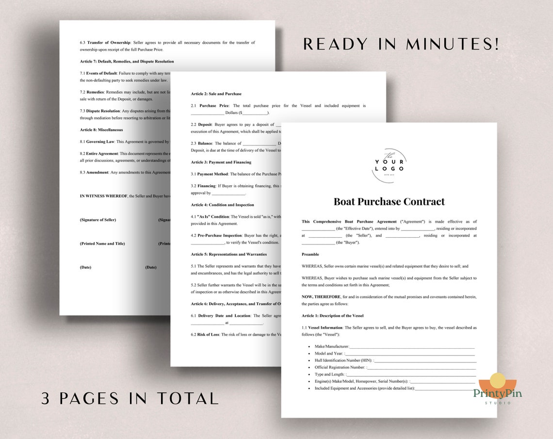 Boat Purchase Contract Template - Editable Marine Vessel Sale Agreement ...