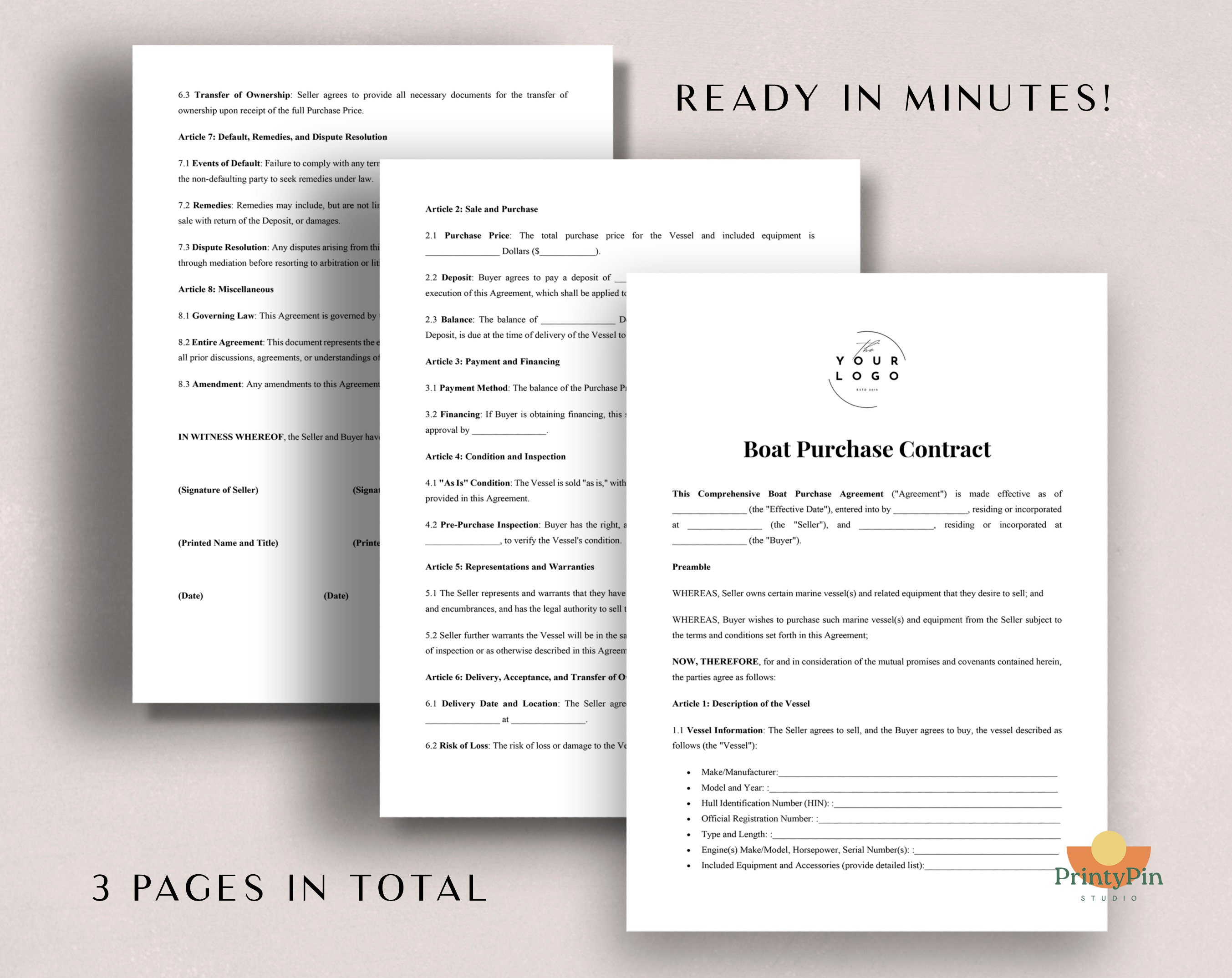 Boat Purchase Contract Template - Editable Marine Vessel Sale Agreement ...
