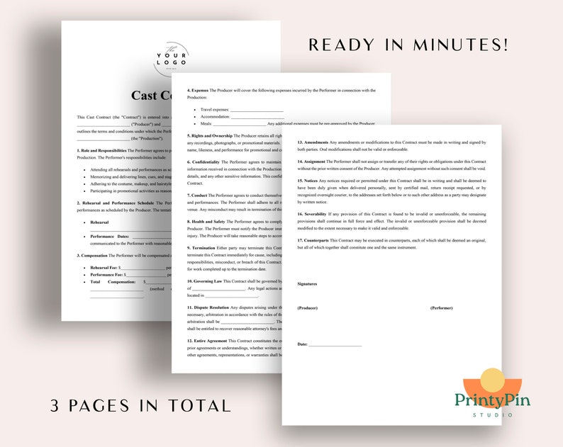 Cast Contract Template PDF | Film & Theater Productions | Editable and ...