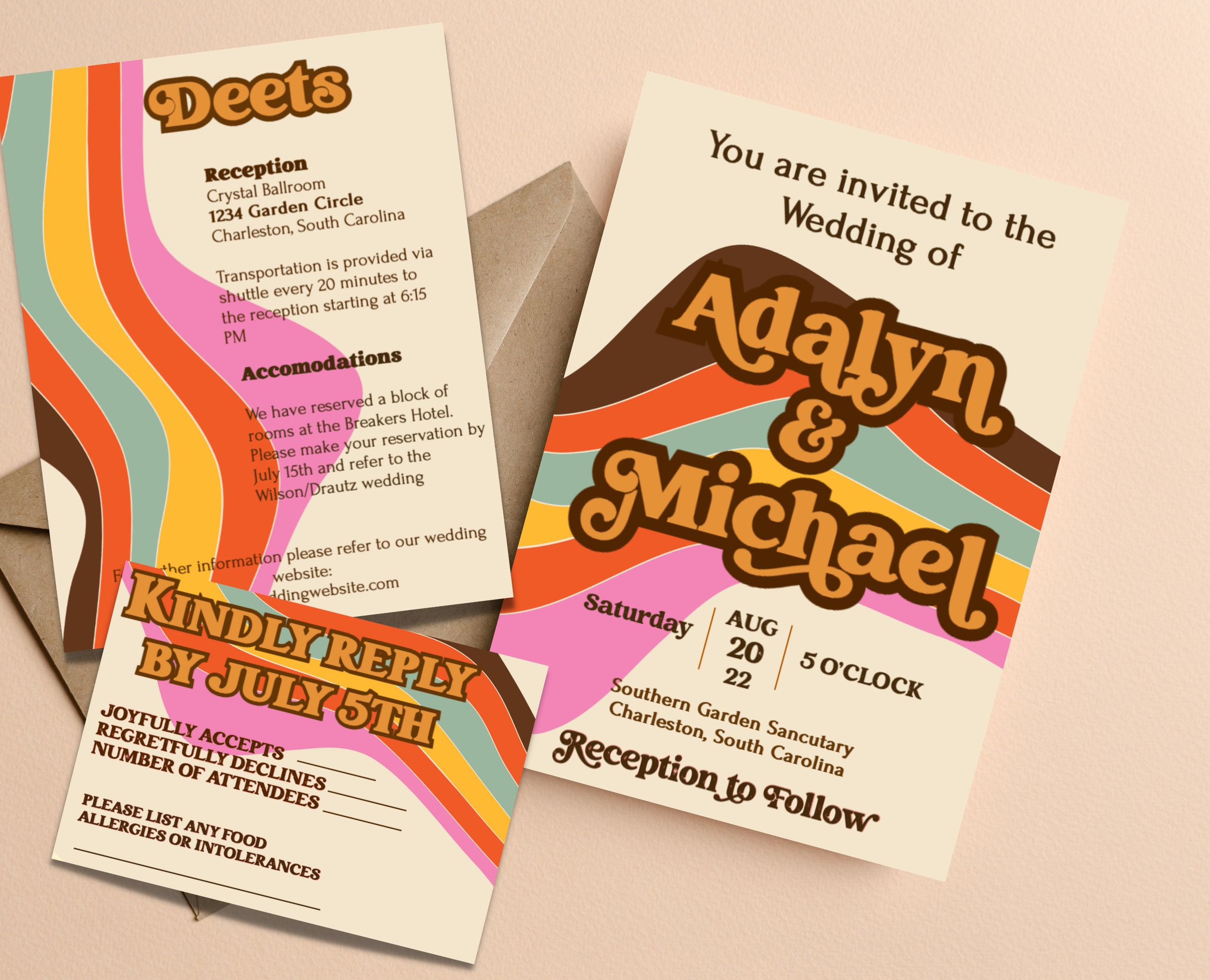 Retro Wedding Invitation Set, 70s Wedding, Retro Rainbow Vintage ...