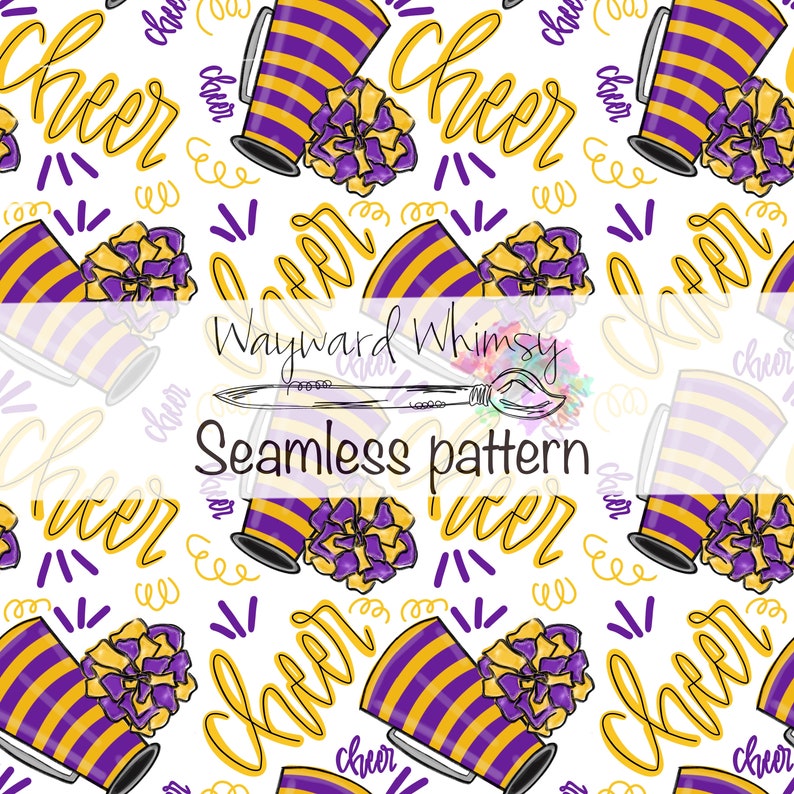 Purple and Yellow CHEER- Megaphone and Pom Seamless Pattern Png File ...