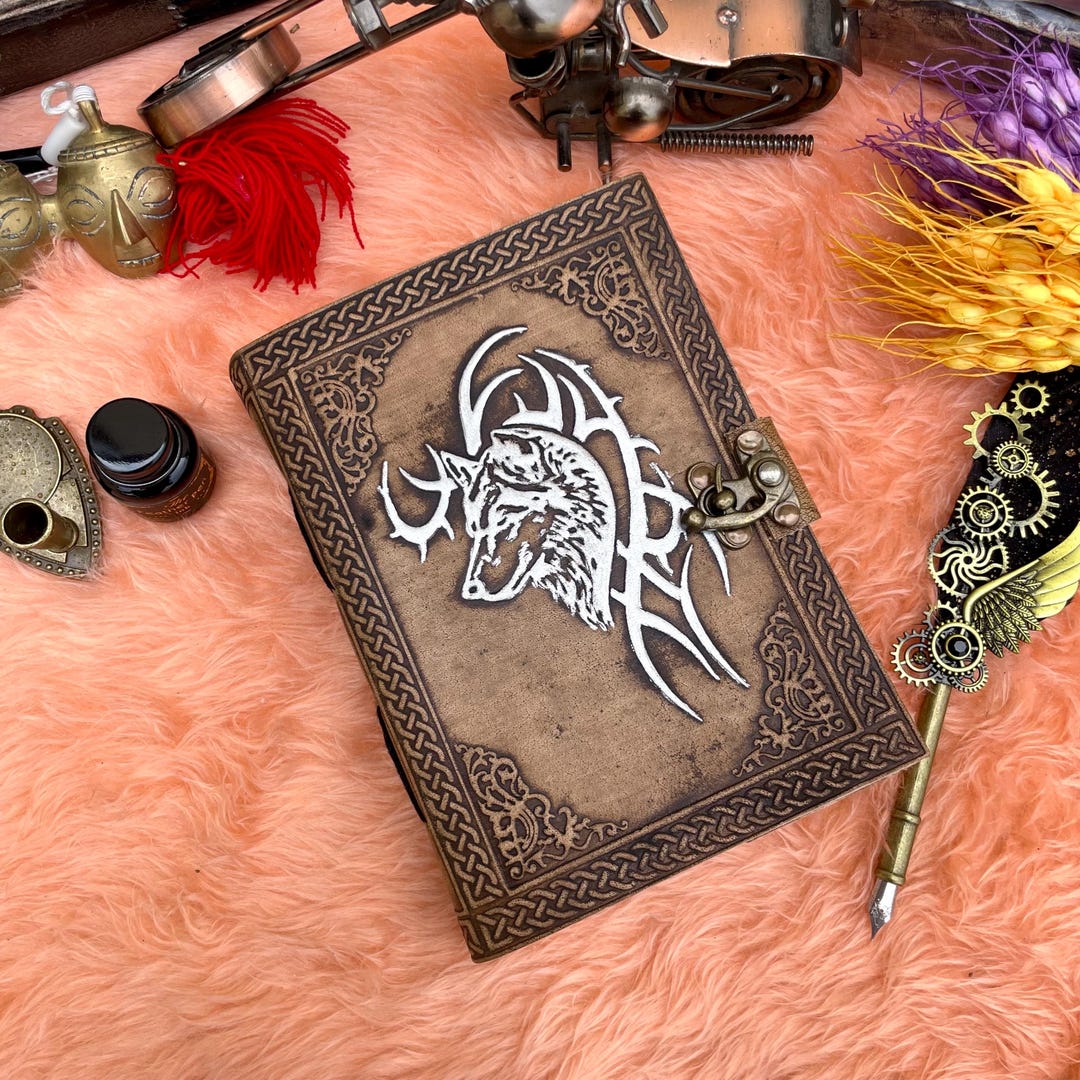 Rustic Leather Journal With Wolf, Celtic Knot Notebook, Vintage ...