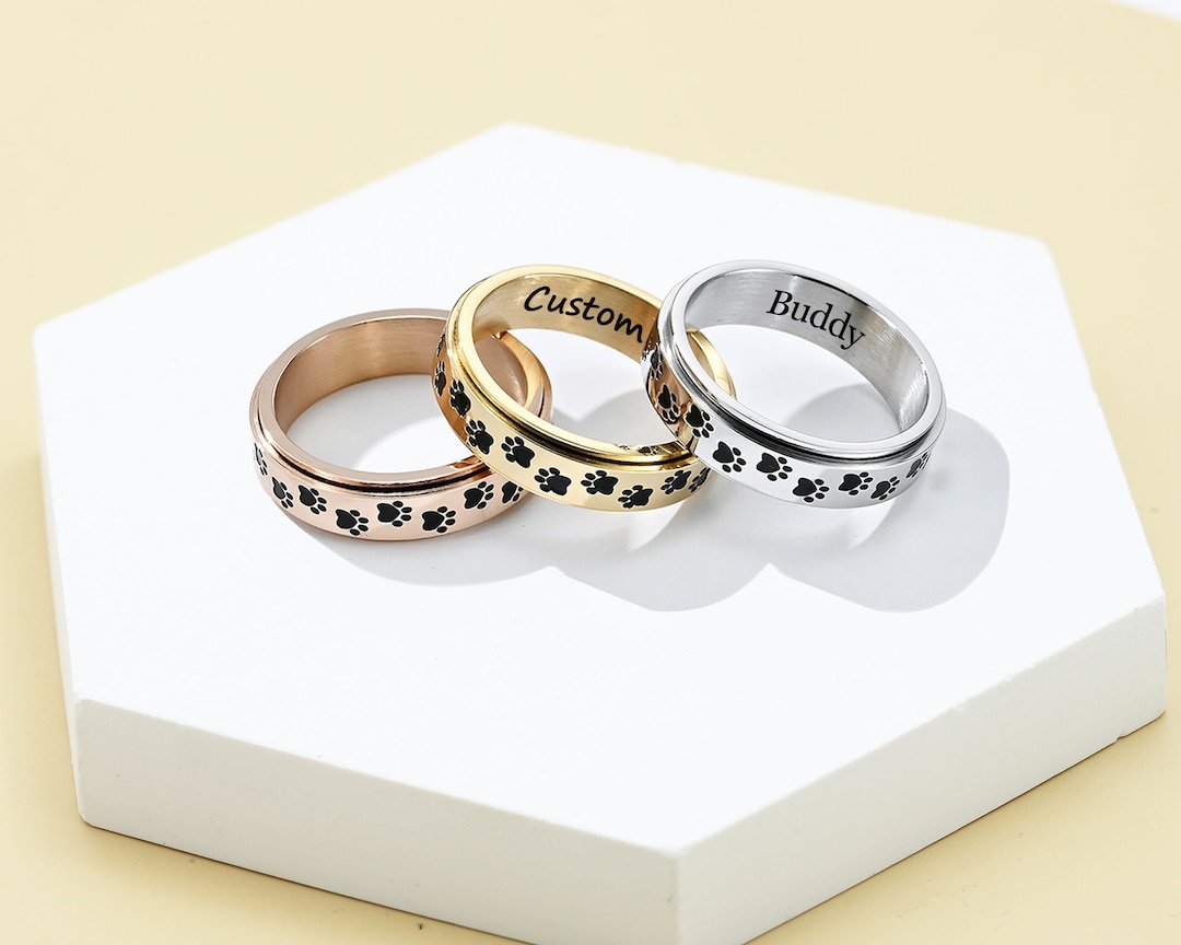 Cute Paw Prints Rings, Custom Engraved Name Ring Band, Personalized Paw ...