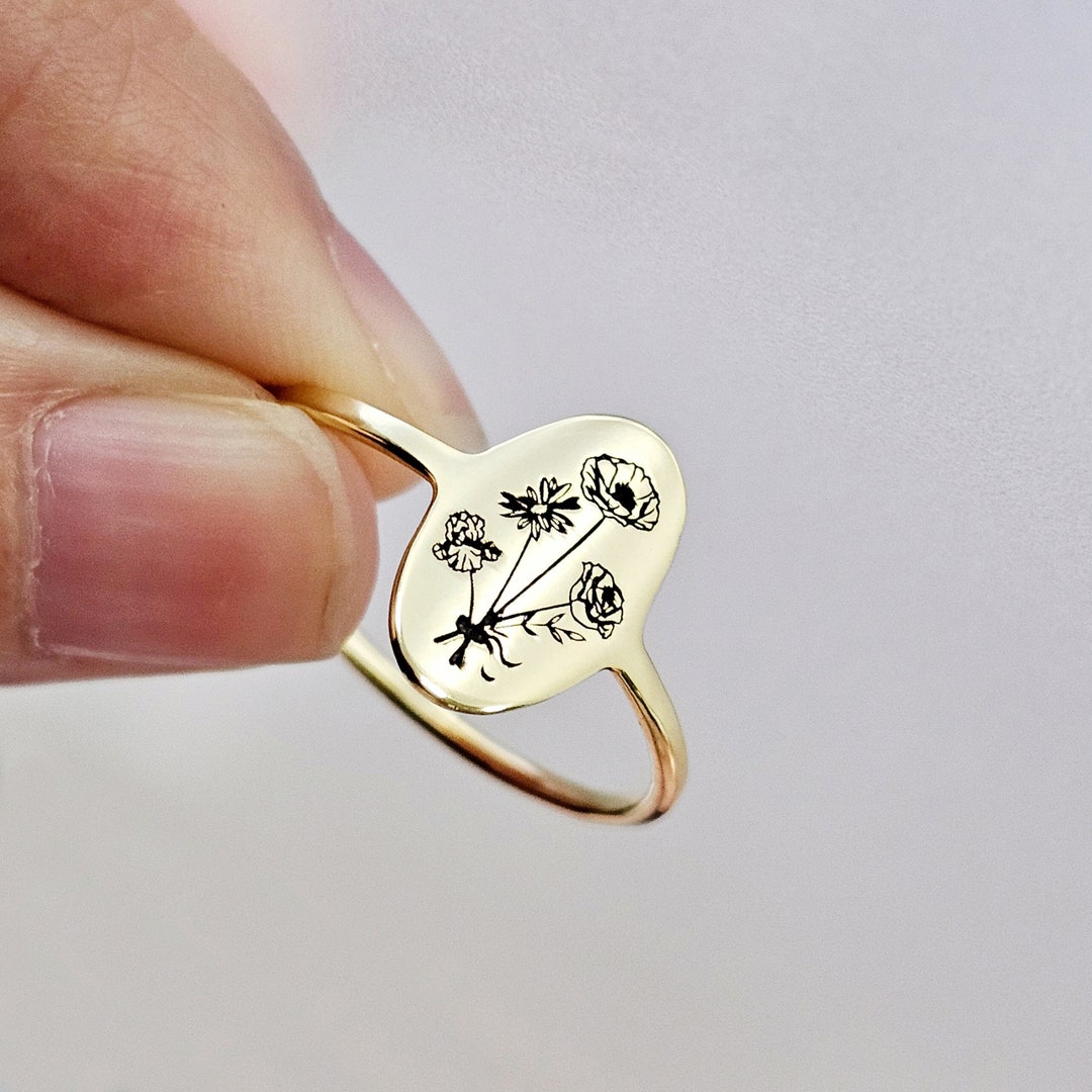 Combined Birth Flowers Ring for Women, Personalized Birthday Flower ...
