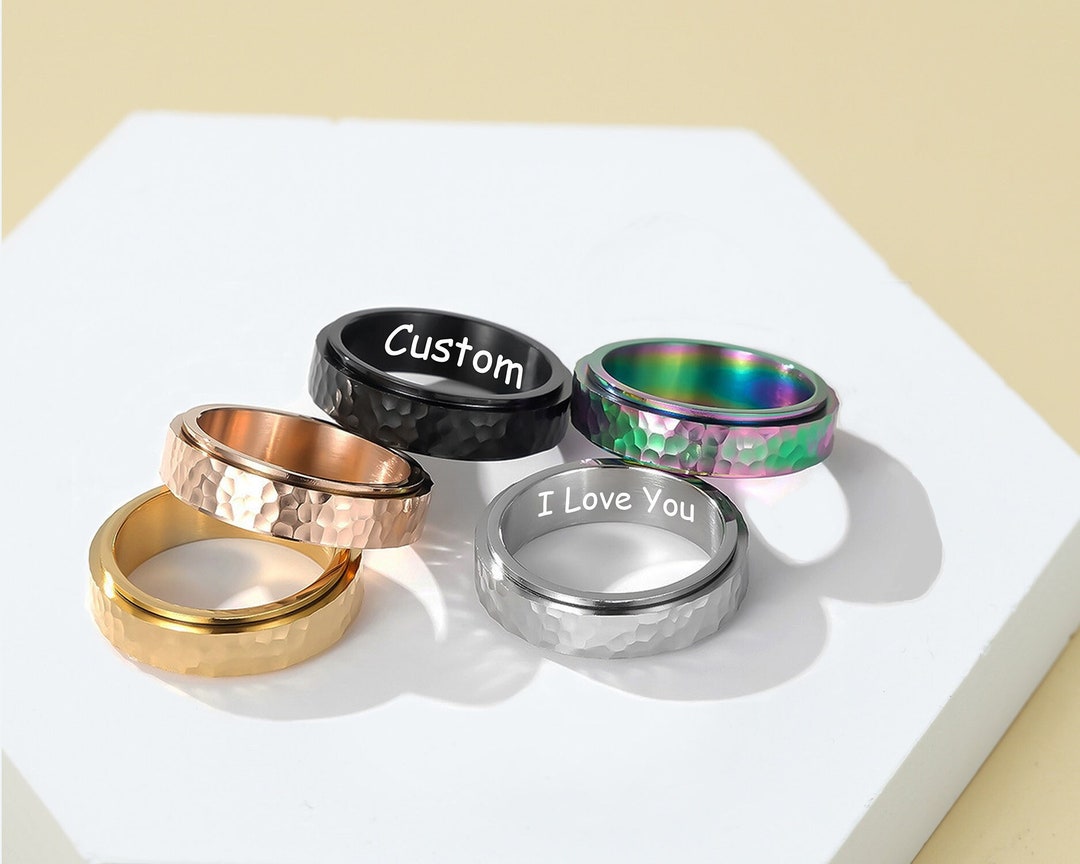 Custom Fidget Ring, Personalized Anxiety Ring, Hammered Spinner Band ...