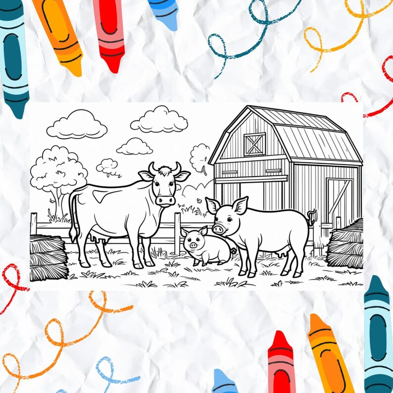 Farm Animals Coloring Pages: Cow, Pig & Barn Scene (PDF Downloadable ...