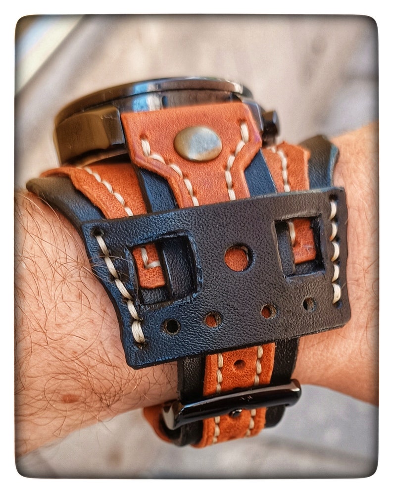 Handmade Leather Cuff Watch Strap: Black and Orange - Etsy