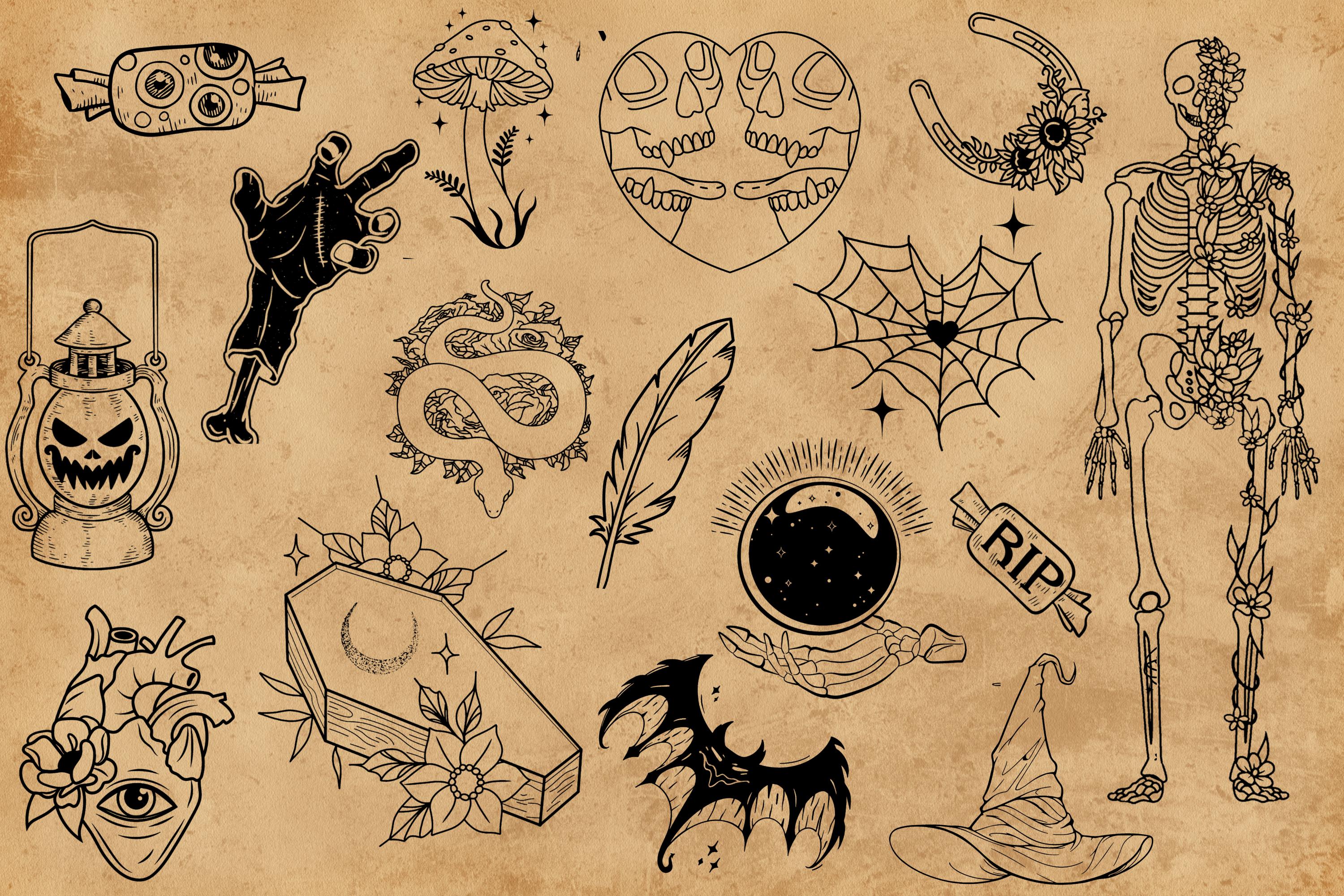 130 Dark & Gothic Tattoo Design Stamps for Procreate, Halloween Tattoo ...