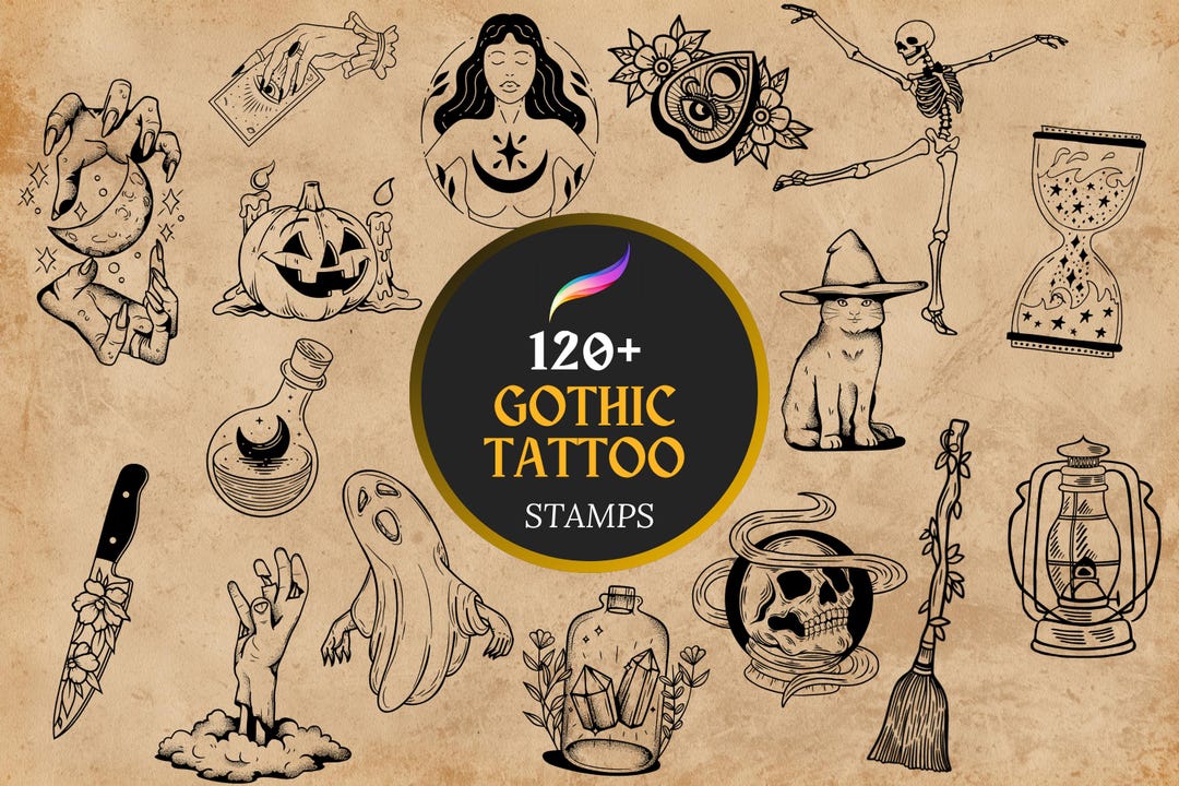 Friday the 13th Special, 120+ Gothic Tattoo Designs Procreate Stamps ...