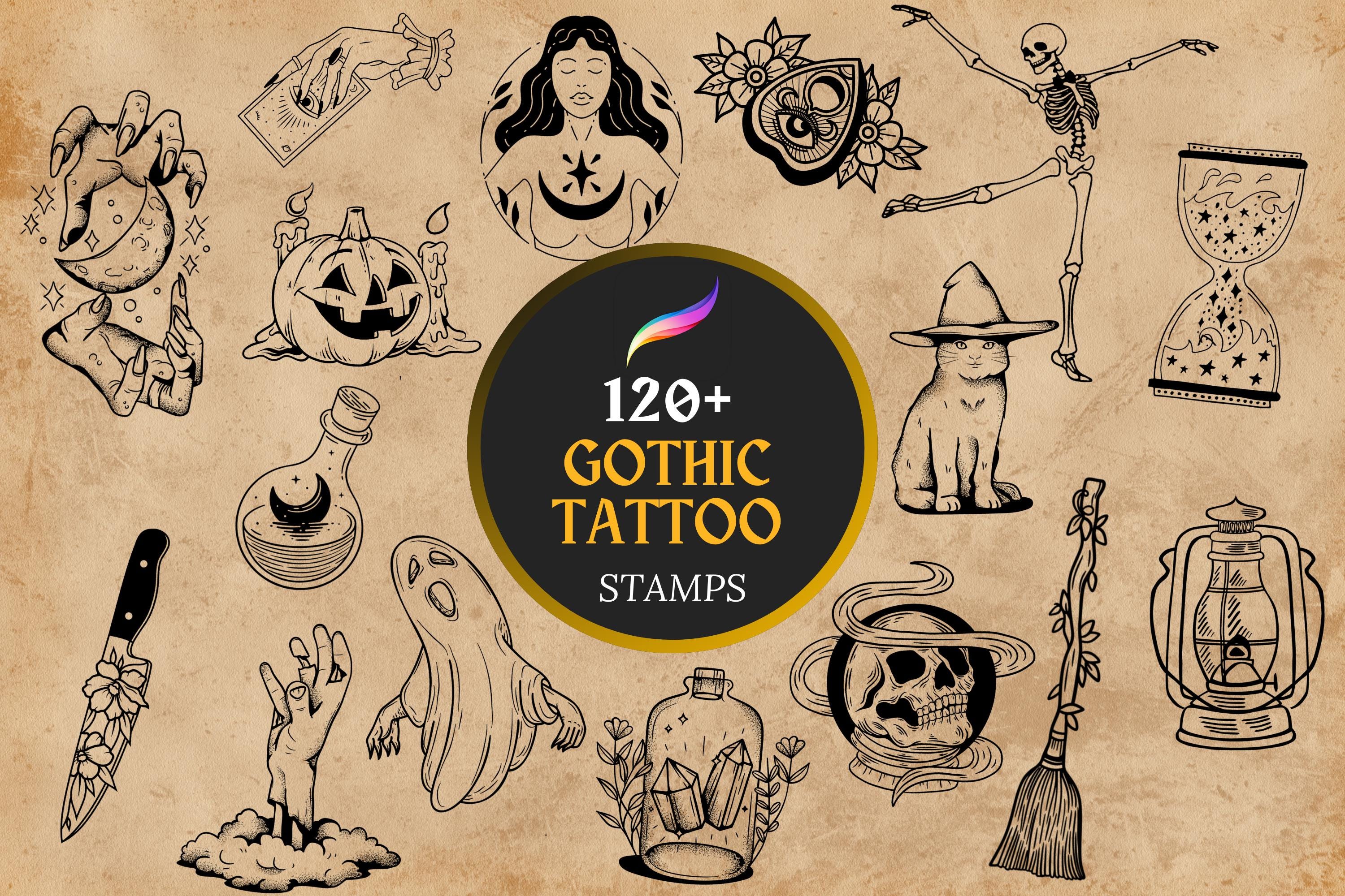130+ Gothic Tattoo Designs Procreate Stamps, Witchy Tattoo Designs ...