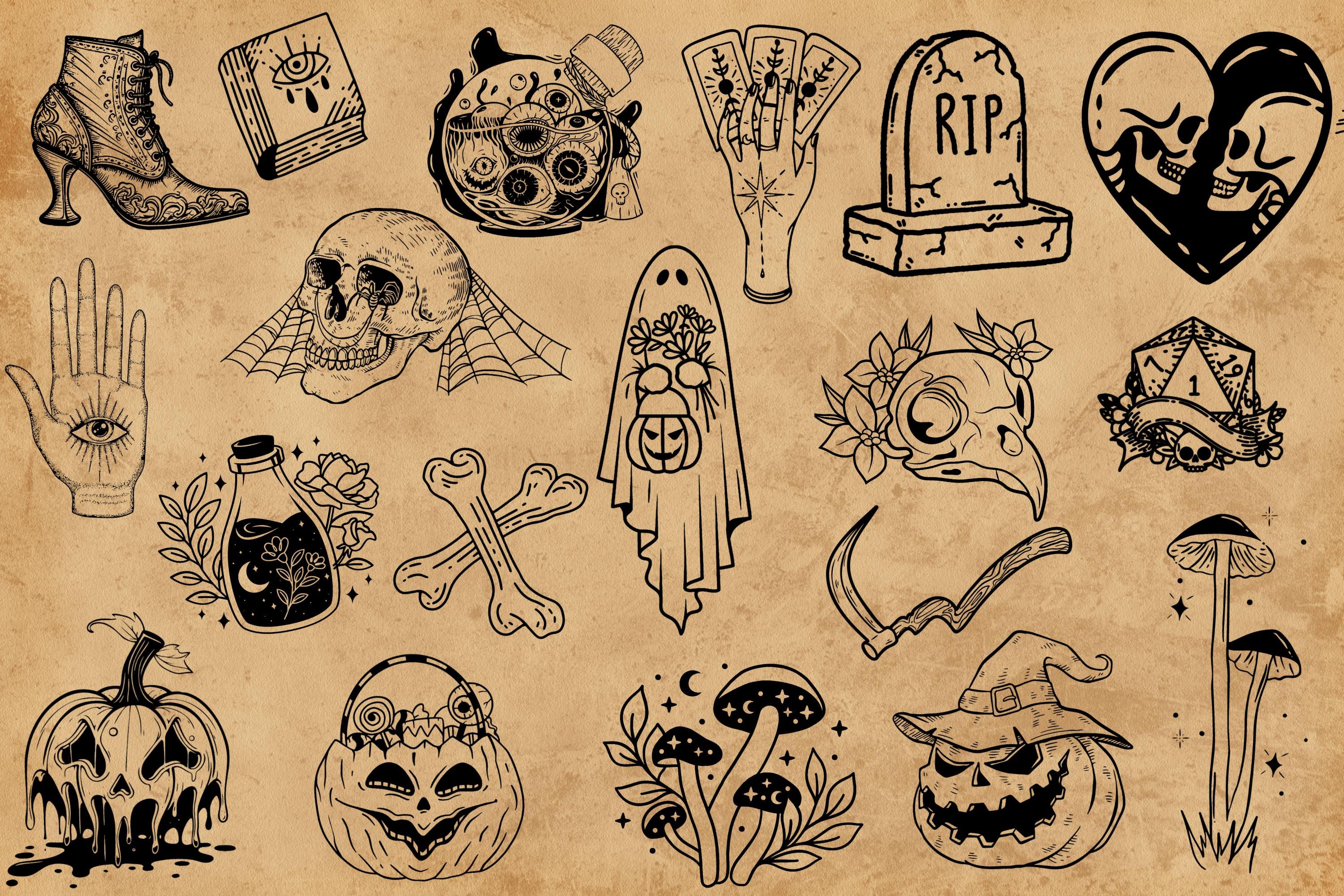 130 Dark & Gothic Tattoo Design Stamps for Procreate, Halloween Tattoo ...