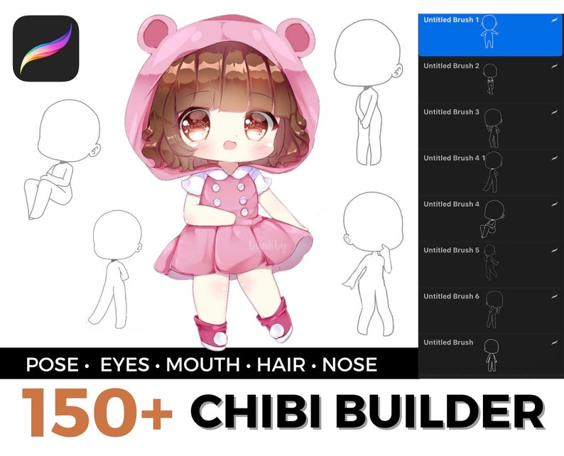 150+ Procreate Chibi Stamp Brushes, Chibi Body Guides, Chibi Eye Stamps ...