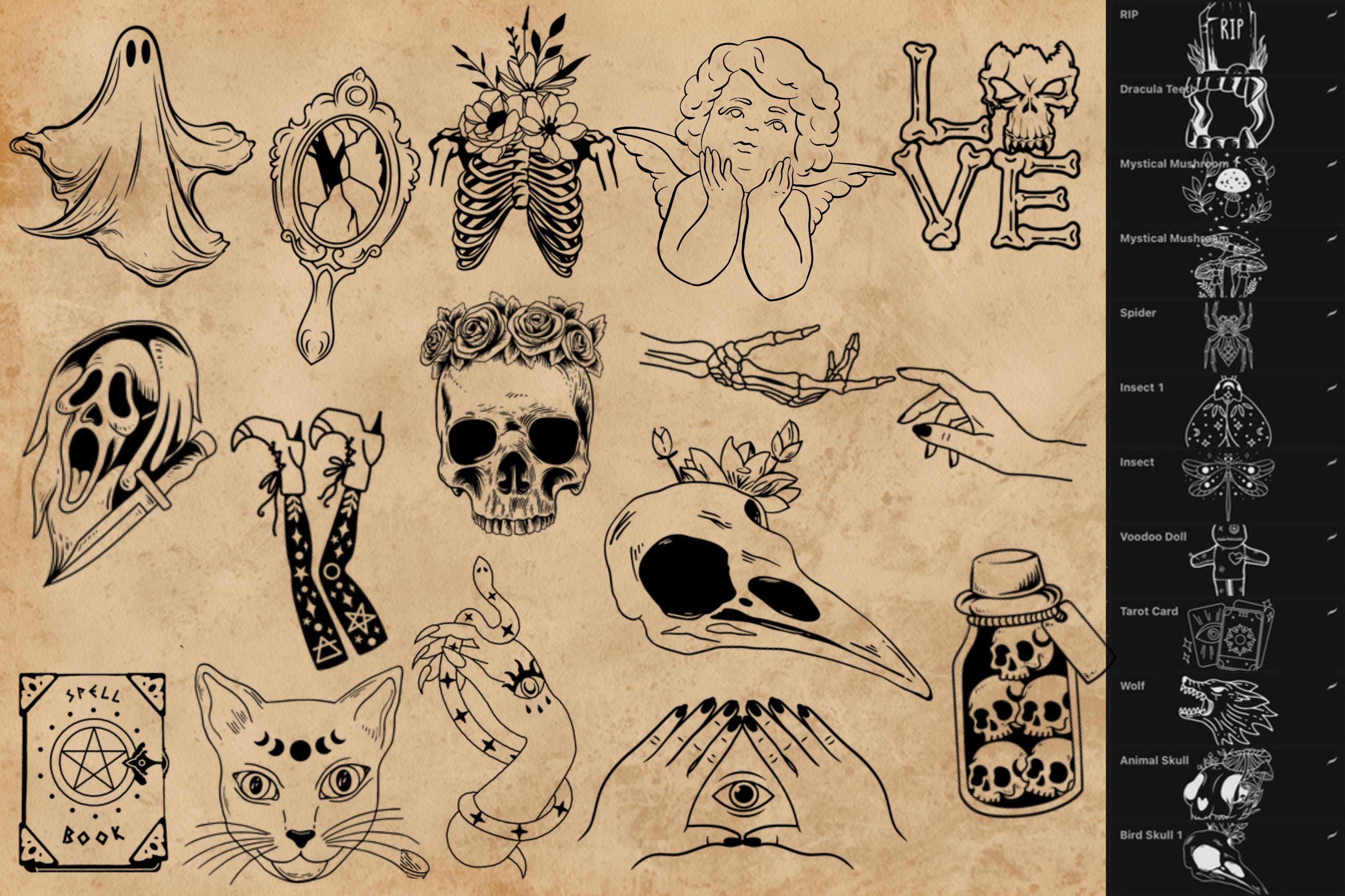 130+ Gothic Tattoo Designs Procreate Stamps, Witchy Tattoo Designs ...