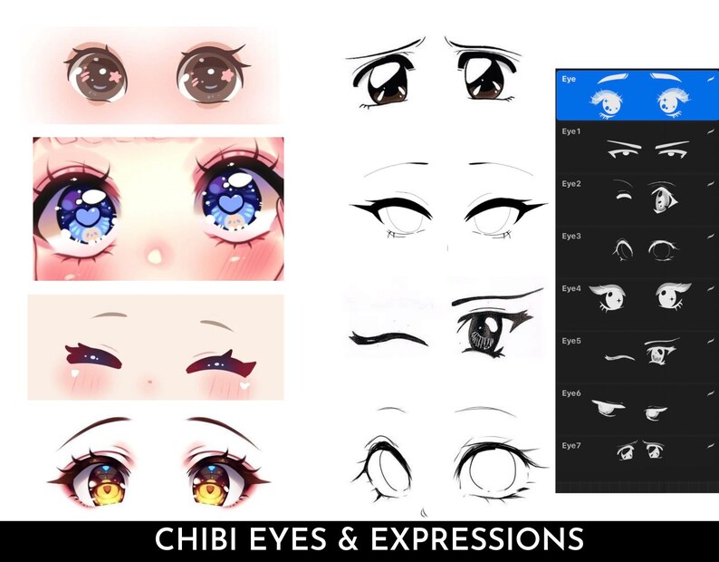 150+ Procreate Chibi Stamp Brushes, Chibi Body Guides, Chibi Eye Stamps ...