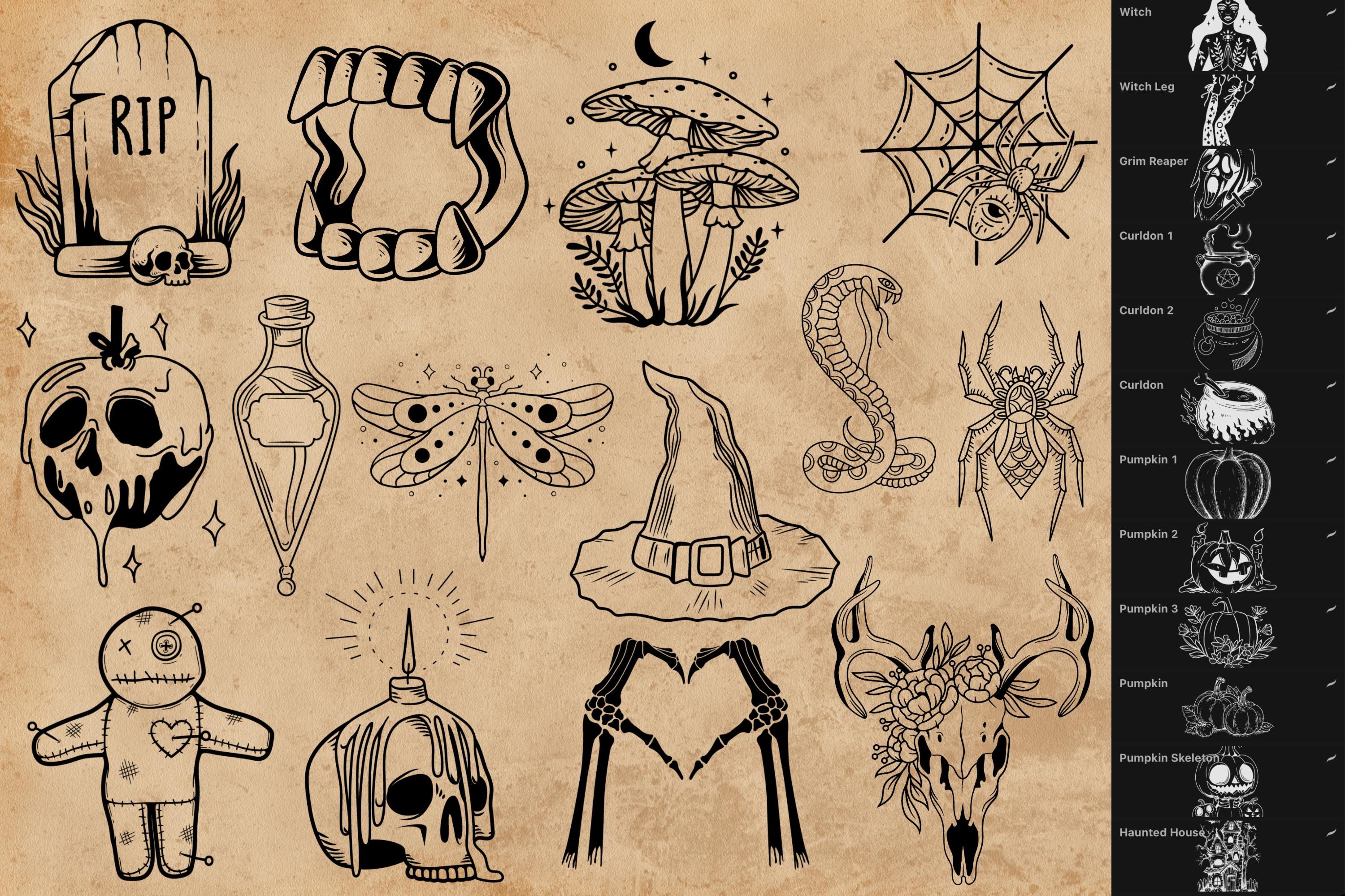 130+ Gothic Tattoo Designs Procreate Stamps, Witchy Tattoo Designs ...