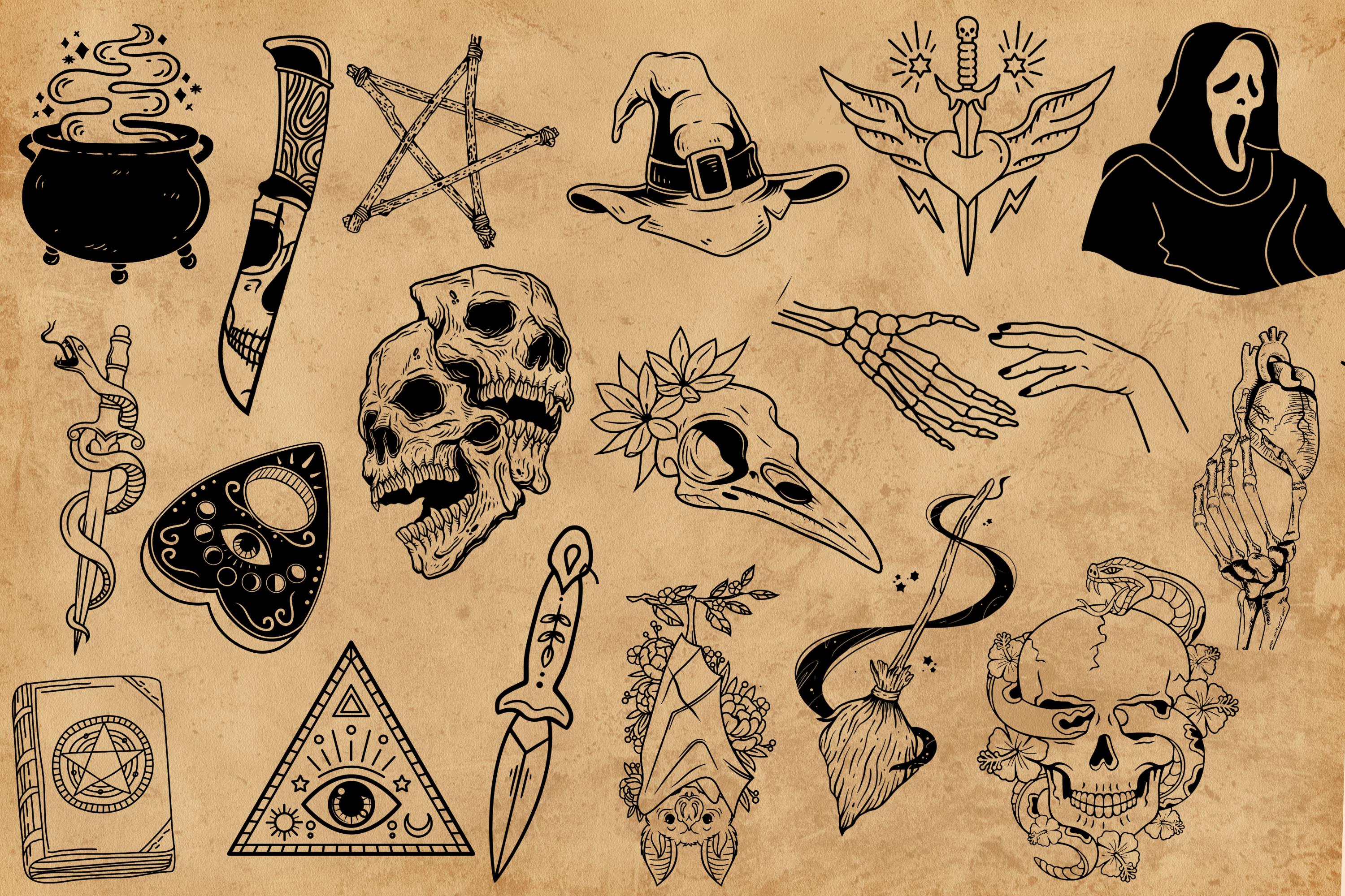 130 Dark & Gothic Tattoo Design Stamps for Procreate, Halloween Tattoo ...